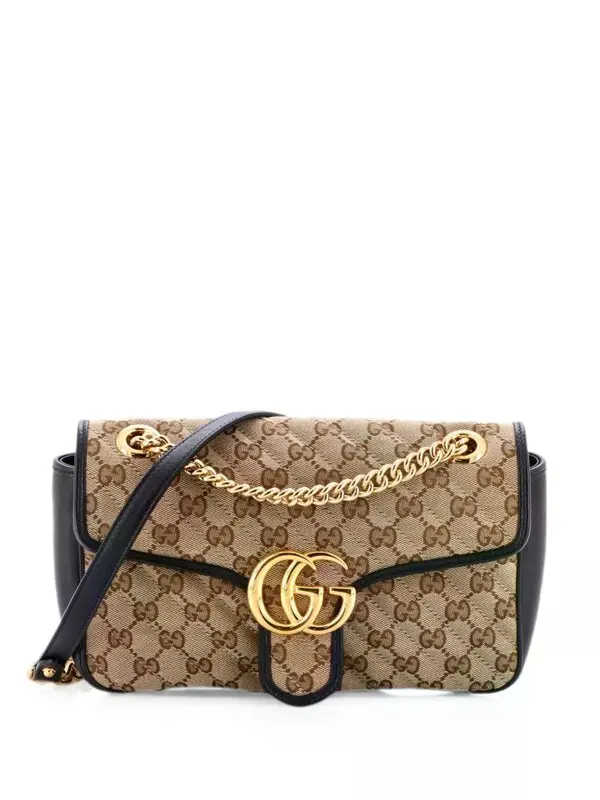 Gucci Gg Marmont Flap Bag Diagonal Quilted Gg Canvas With Leather Small Shoulder Bag - Black
