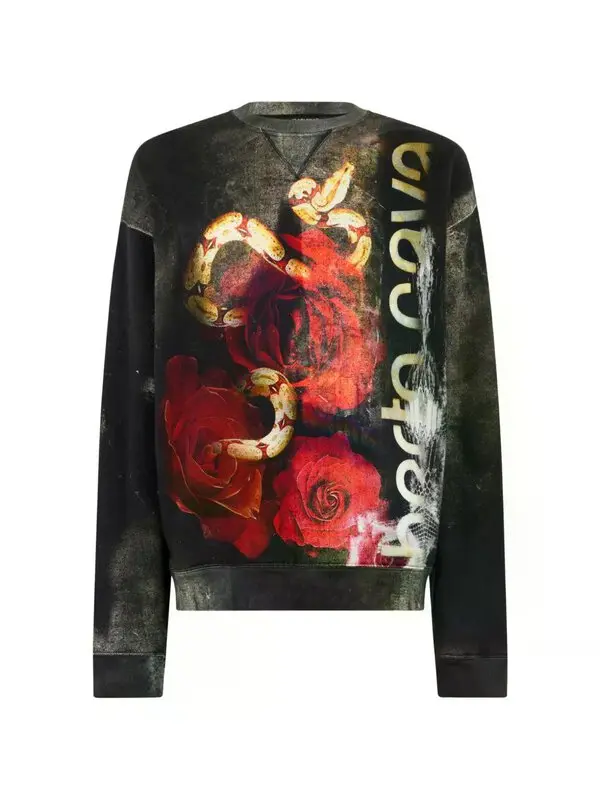 Roberto Cavalli Rose-print Faded-effect Sweater - Black