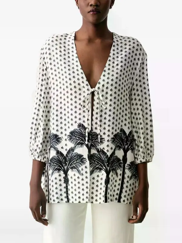 Marc O'polo Palm-print Front-tie Open Tunic - White