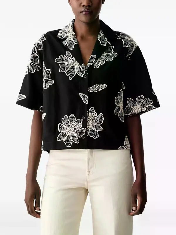 Sisley Floral-embroidered Short-sleeve Shirt - Black