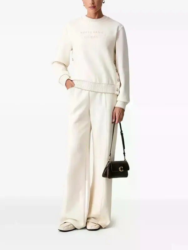 Guess Crew Neck Logo Print Sweater With Button Detail - Neutrals