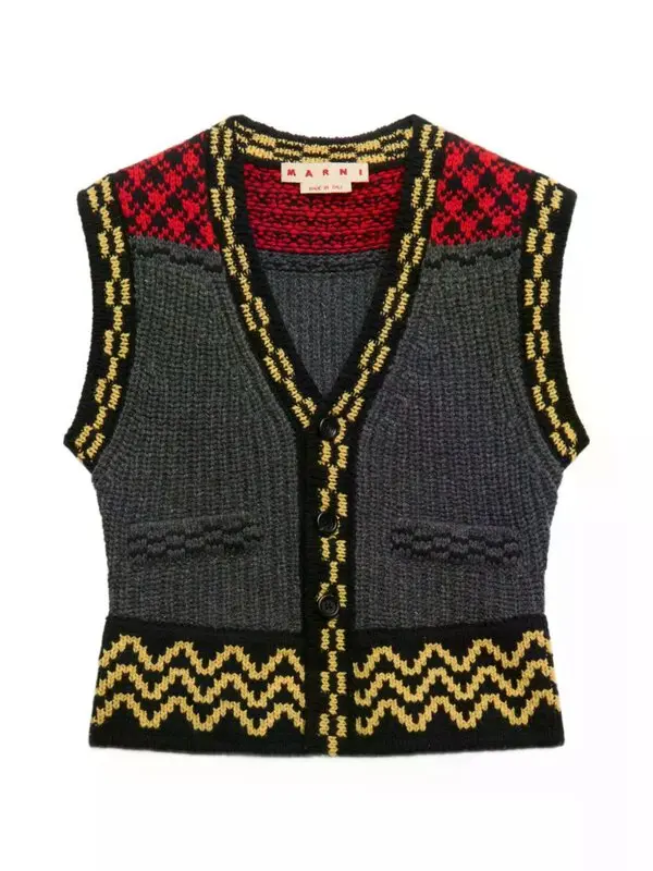 Marni Jacquard-knitted Geometric-trim Waistcoat - Grey