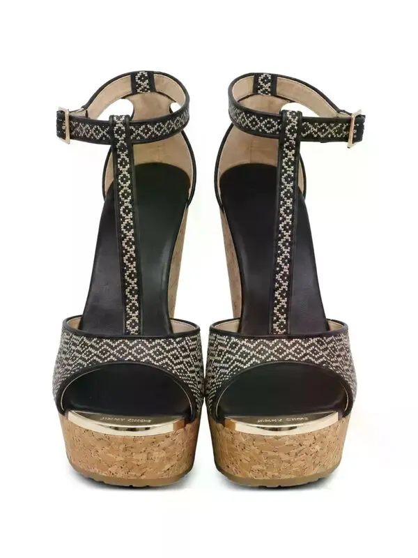 JIMMY CHOO Leather Geometric Print T-strap Wedge Sandals - Black