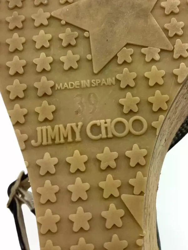 JIMMY CHOO Leather Geometric Print T-strap Wedge Sandals