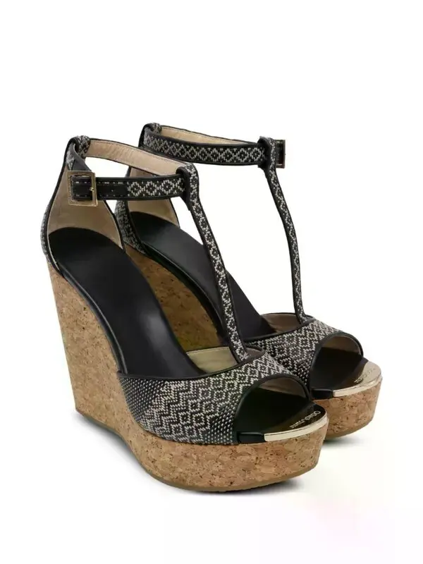 JIMMY CHOO Leather Geometric Print T-strap Wedge Sandals - Black