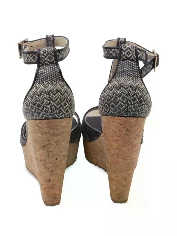 JIMMY CHOO Leather Geometric Print T-strap Wedge Sandals - Black