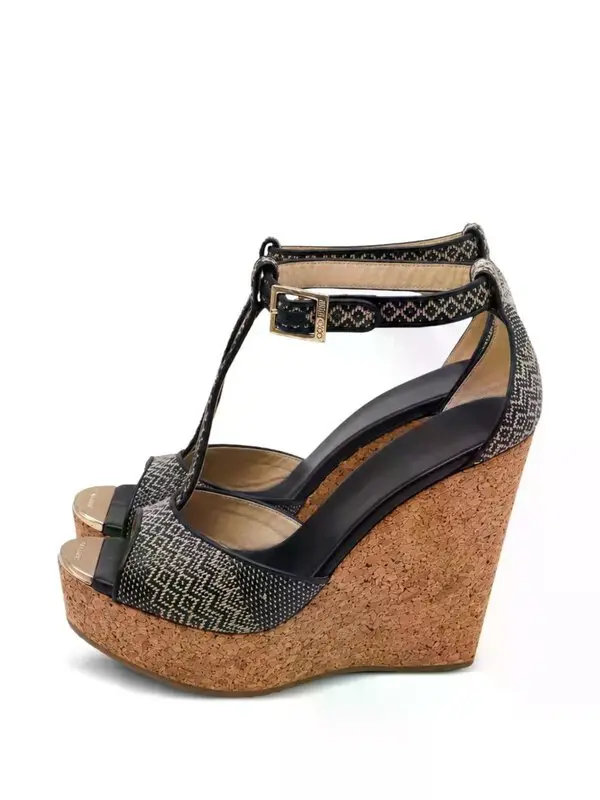 JIMMY CHOO Leather Geometric Print T-strap Wedge Sandals - Black