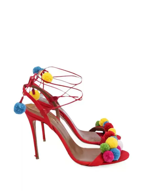 AQUAZZURA Pom Pom Lace-up Sandals - Red