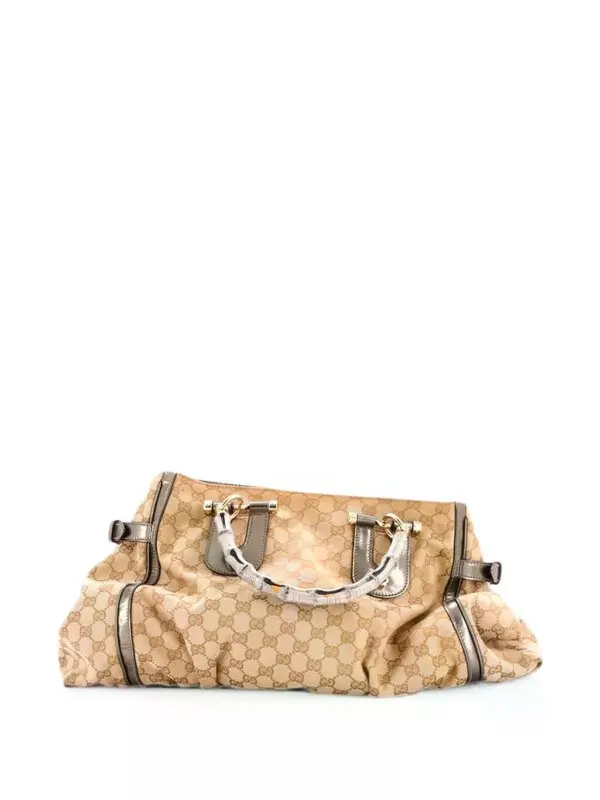 Gucci Pop Bamboo Tote Gg Canvas Large Satchel - Brown