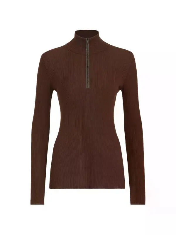 Brunello Cucinelli Virgin Wool And Cashmere Lightweight Ribbed Turtleneck Sweater With Precious Half-zip - Brown
