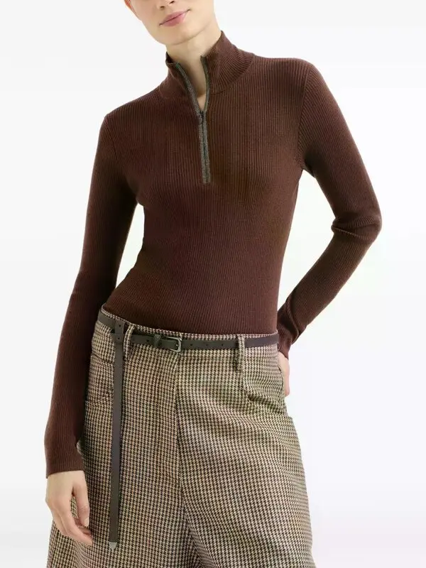 Brunello Cucinelli Virgin Wool And Cashmere Lightweight Ribbed Turtleneck Sweater With Precious Half-zip - Brown