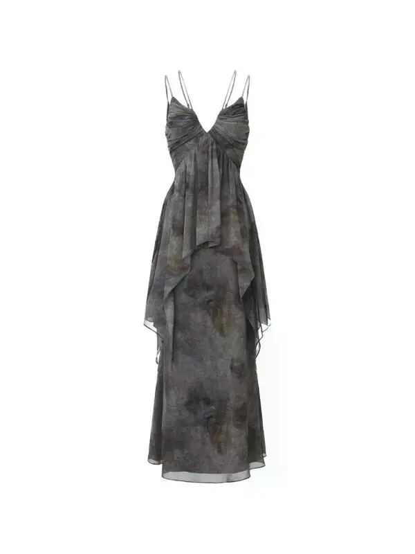 ELYWOOD Ink-wash Shirred Layered Maxi Dress - Grey