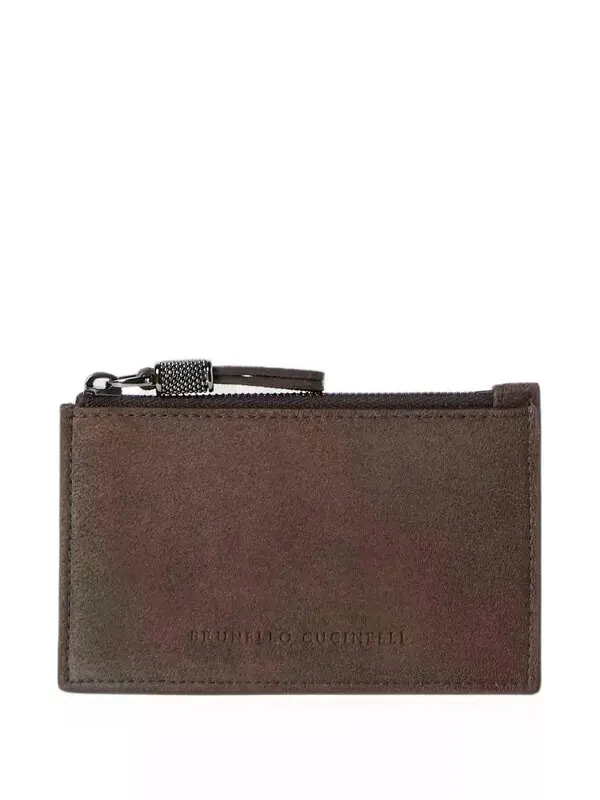 Brunello Cucinelli Suede Card Case With Shiny Zipper Pull - Brown