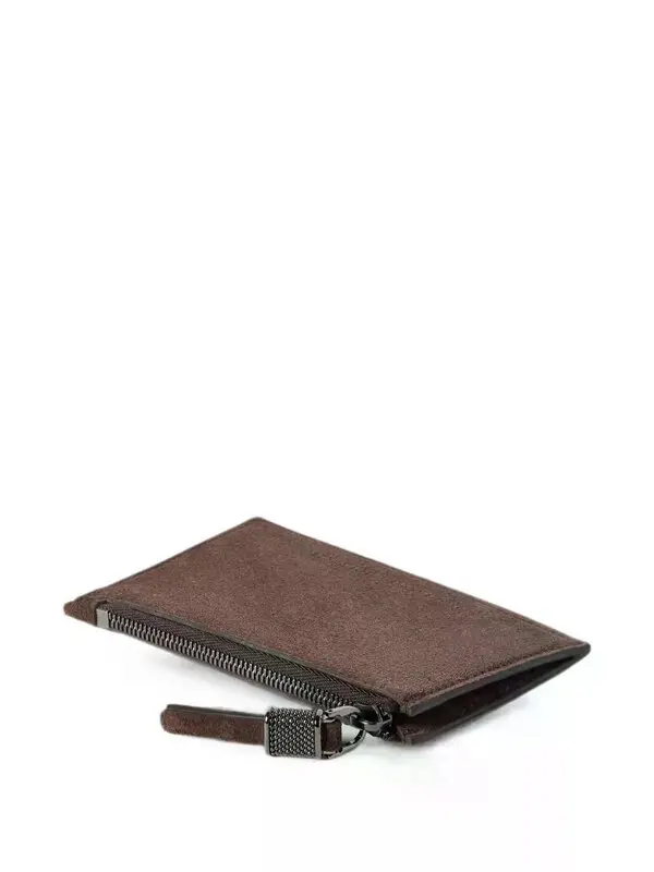 Brunello Cucinelli Suede Card Case With Shiny Zipper Pull