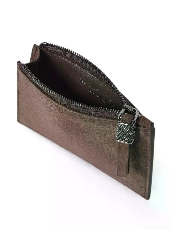 Brunello Cucinelli Suede Card Case With Shiny Zipper Pull