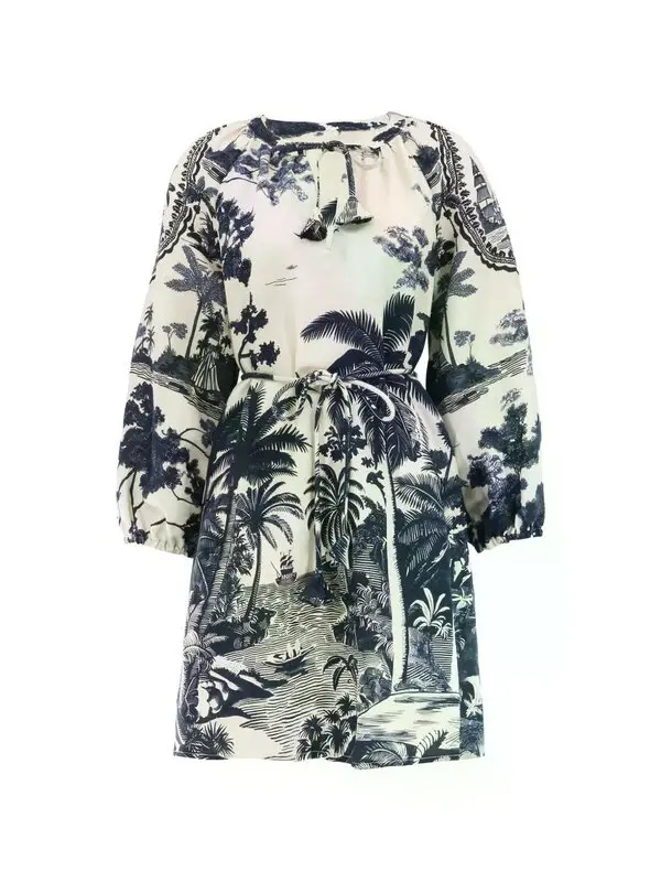 Hunter Bell Lisette Tropical-print Tie-waist Mini Dress - Neutrals