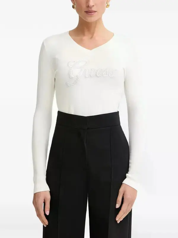 Guess Embellished V-neck Sweater - White