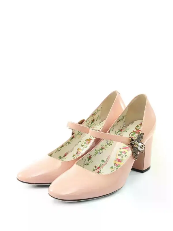 Gucci Patent Leather Bee Mary Jane Block Heel Pumps - Pink