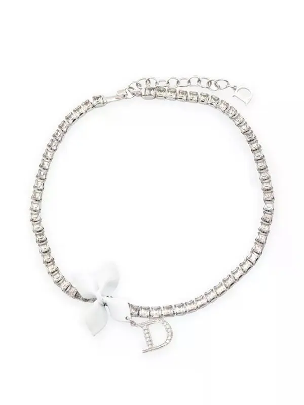 Dior Tone Rhinestone Embellished Logo Flower Choker - Silver