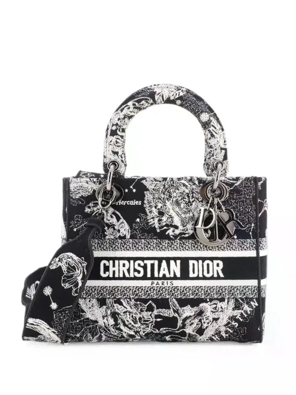 Dior Lady D-lite Bag Embroidered Canvas Medium Satchel - Black