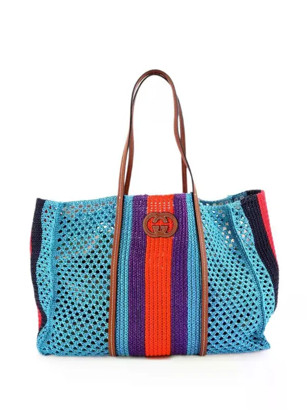 Gucci Interlocking G Web Raffia Medium Tote Bag - Multicolour