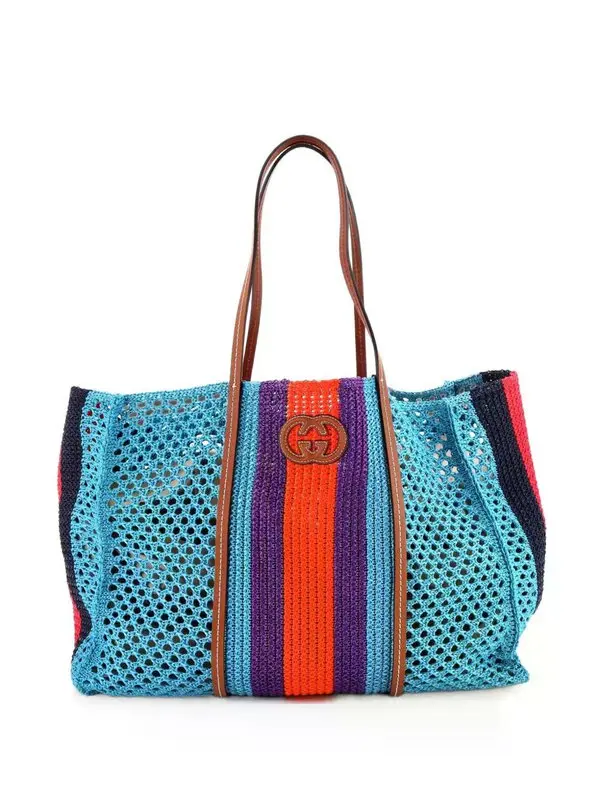 Gucci Interlocking G Web Raffia Medium Tote Bag - Multicolour