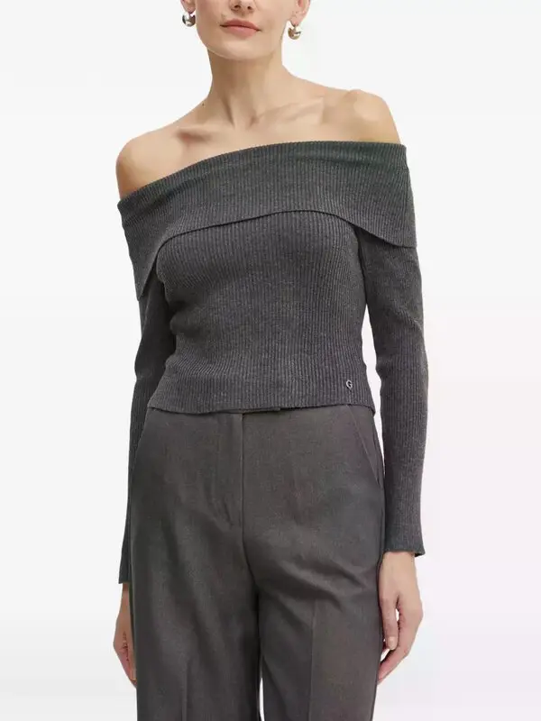 Guess Off-shoulder Ribbed Sweater - Grey