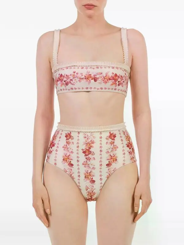 Agua Bendita Ruffled Floral Print Bikini Top - White
