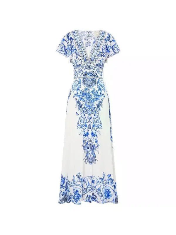 Camilla Ceramic Panoramic Flutter-sleeve Midi Dress - White