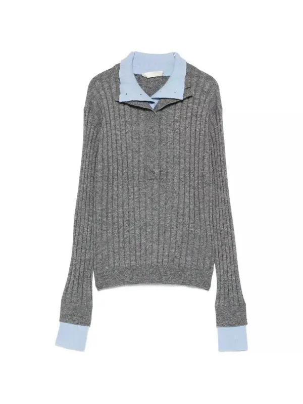 ELEH Ribbed-knit Button-up Polo Top - Grey