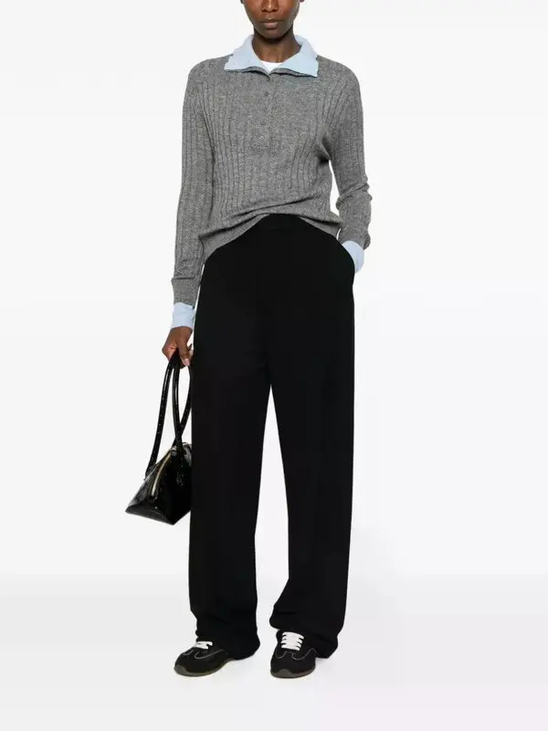 ELEH Ribbed-knit Button-up Polo Top
