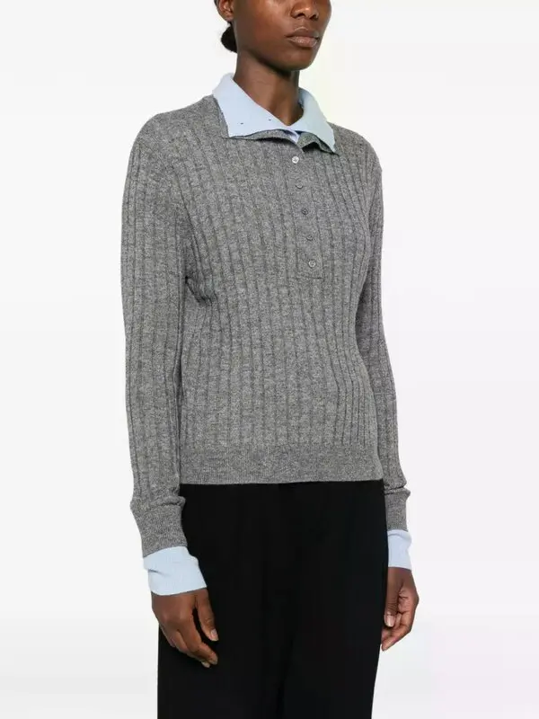 ELEH Ribbed-knit Button-up Polo Top