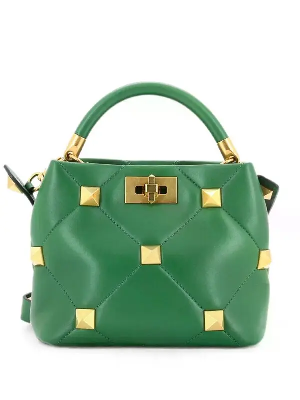 Valentino Garavani Roman Stud Top Handle Bag Quilted Leather Small Satchel - Green