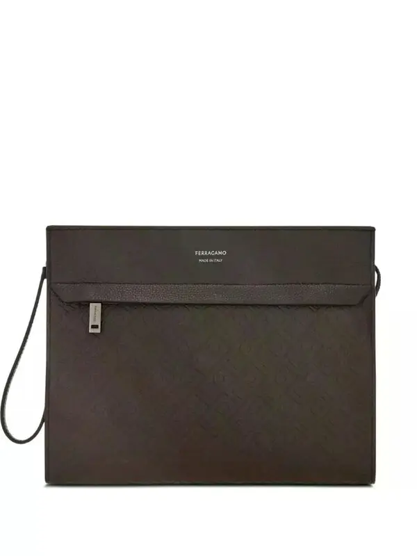 FERRAGAMO Gancini Embossed Leather Clutch Bag - Brown