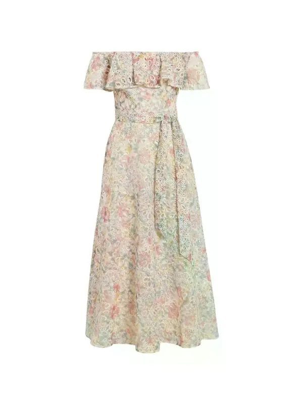 MIKAEL D Off-the-shoulder Broderie Anglaise Midi Dress - Neutrals