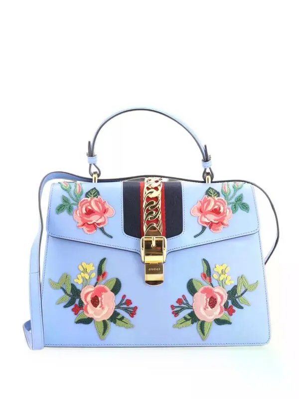 Gucci Sylvie Top Handle Bag Embroidered Leather Medium Satchel - Blue