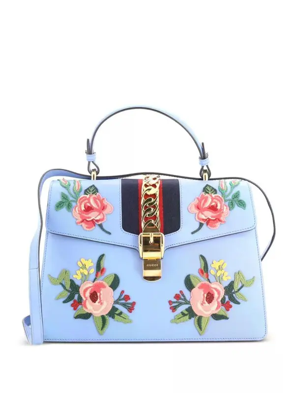 Gucci Sylvie Embroidered Leather Medium Satchel - Blue