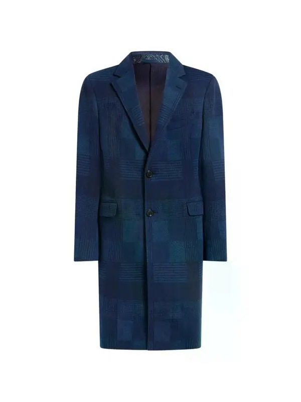 Etro Cotton And Wool Jacquard Coat With Check Motif - Blue