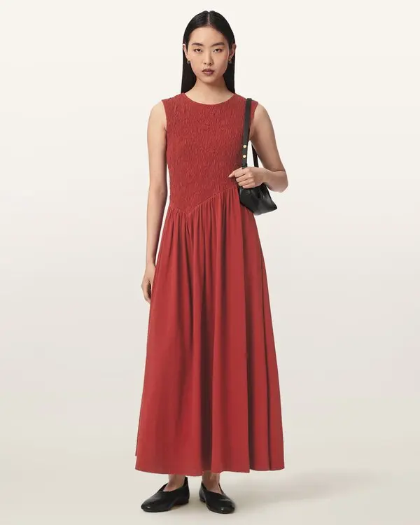 ALLSAINTS Luna Crinkle Cotton Midi Dress - Red
