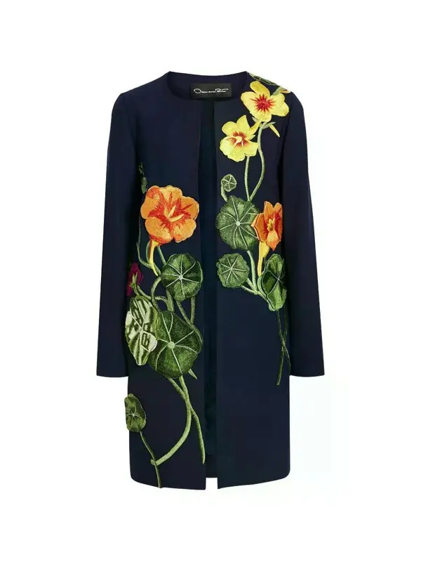 Oscar De La Renta Floral-appliquéd Grain De Poudre Coat - Blue