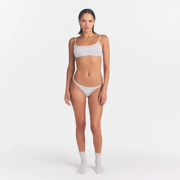 SKIMS Logo Picot Thong | Grey | | Lightweight Cotton - Light Heather Grey