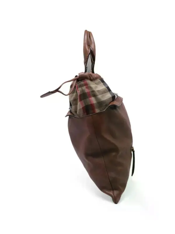 Burberry Leather Tote Bag With Check-pattern Trim - Brown