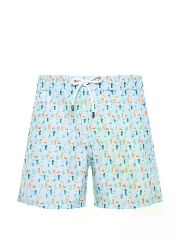 Fedeli Seahorse Print Drawstring Swim Shorts - Blue