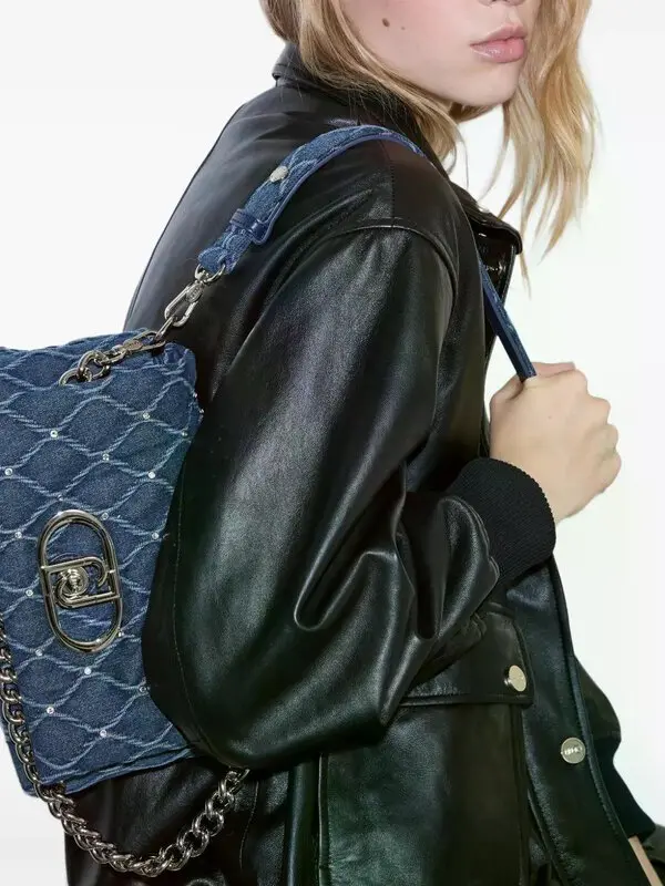 Liu Jo Medium Quilted Denim Shoulder Bag With Rhinestone Embellishments