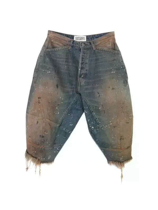 SATOSHI NAKAMOTO Paint-splatter Distressed Bermuda Shorts - Blue