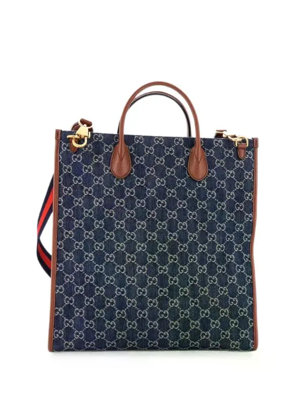 Gucci Interlocking G Patch Web Strap Convertible Gg Denim Tall Tote Bag