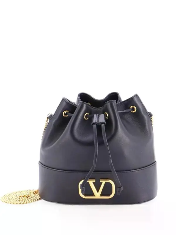 Valentino Garavani Vlogo Drawstring Pouch Leather Bucket Bag - Black