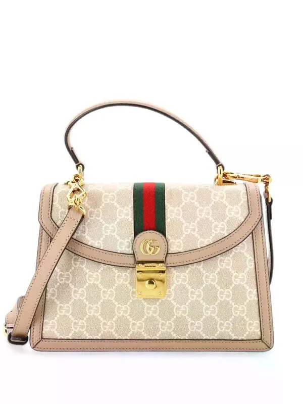 Gucci Ophidia Flap Top Handle Bag Gg Coated Canvas Small Satchel - Neutrals