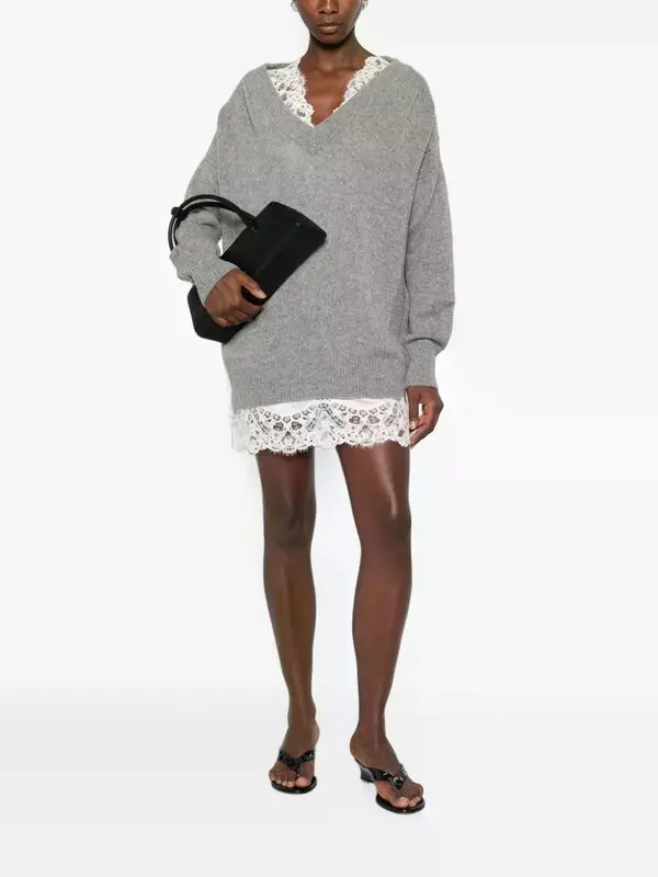 Ermanno Scervino Cashmere Lace Trim Mini Dress - Grey