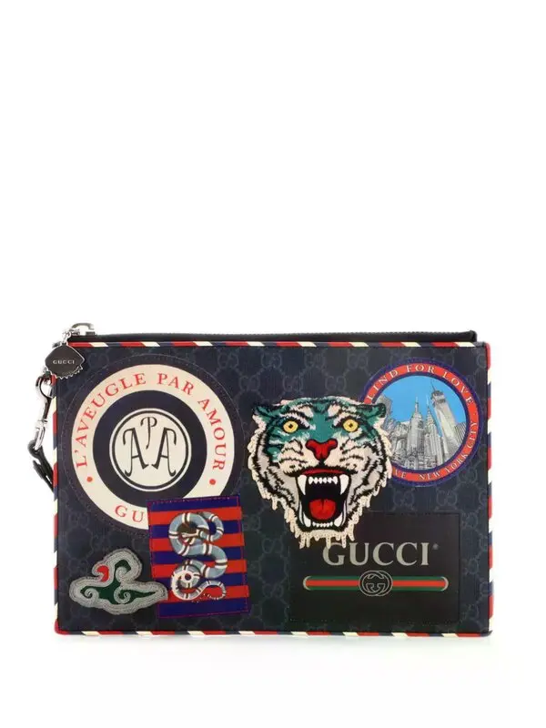 Gucci Night Courrier Pouch Gg Coated Canvas With Applique Clutch Bag - Black